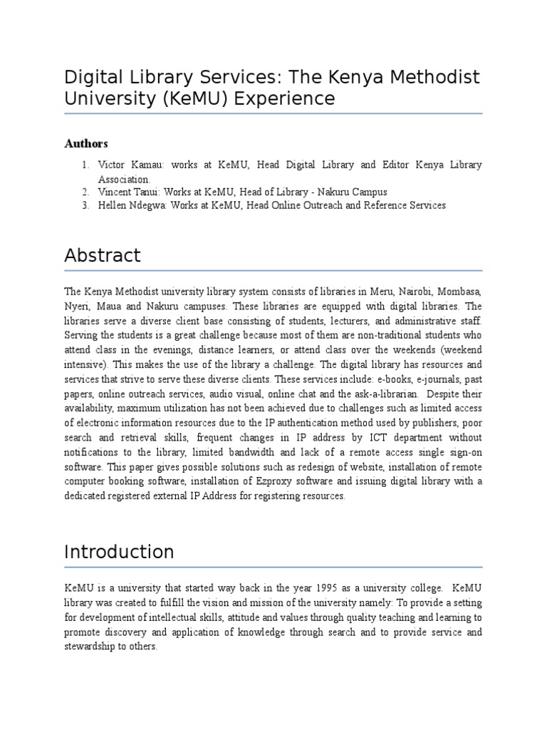 Digital Library Services - The Kenya Methodist University (KeMU) Experience | PDF | Digital ...