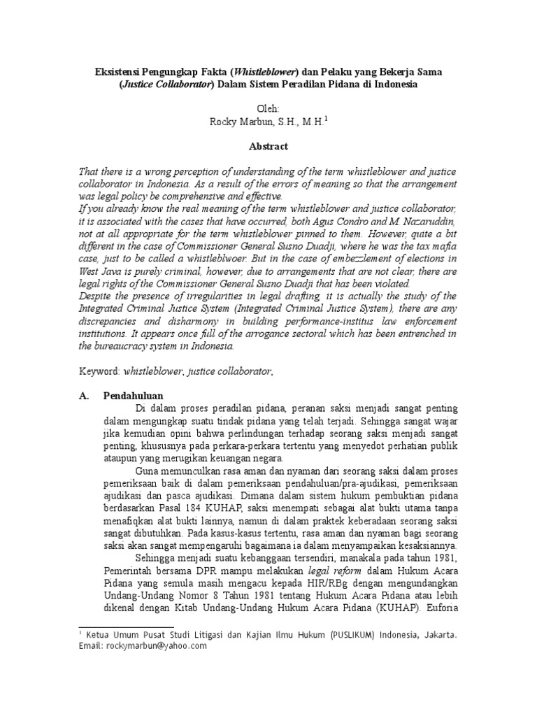 Eksistensi Pengungkap Fakta (Whistleblower) Dan Pelaku Yang Bekerja Sama (Justice Collaborator ...