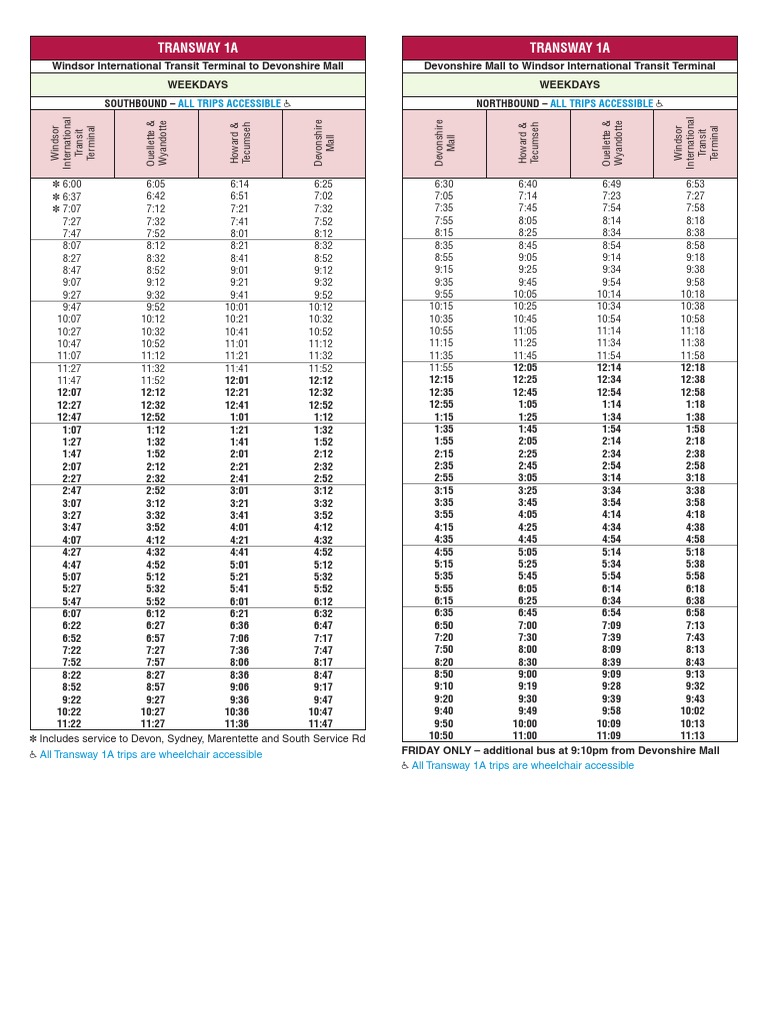 Transway 1A Bus Schedule: Windsor to Devonshire | PDF