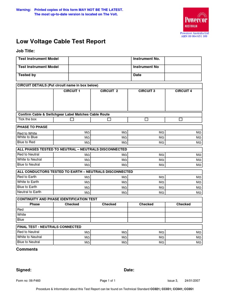 Low Voltage Cable Test Report: Job Title | PDF