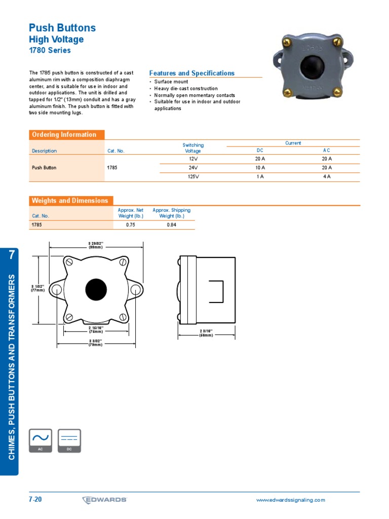 Edwards 1785 Push Button Specs | PDF | Switch | Electrical Equipment
