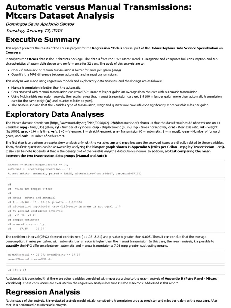 Automatic Versus Manual Transmissions: Mtcars Dataset Analysis | PDF | Fuel Economy In ...