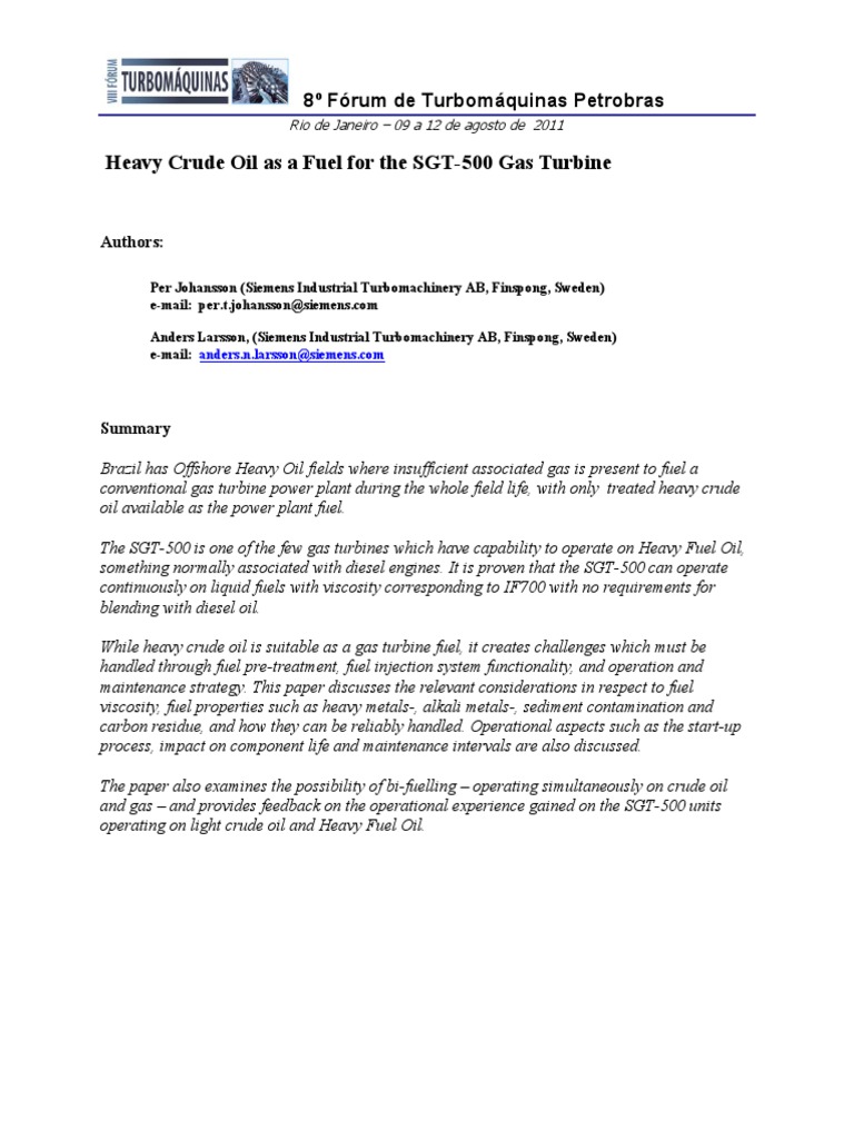Siemens Gas Turbine SGT 500 Crude Oil | PDF | Fuel Oil | Combustion