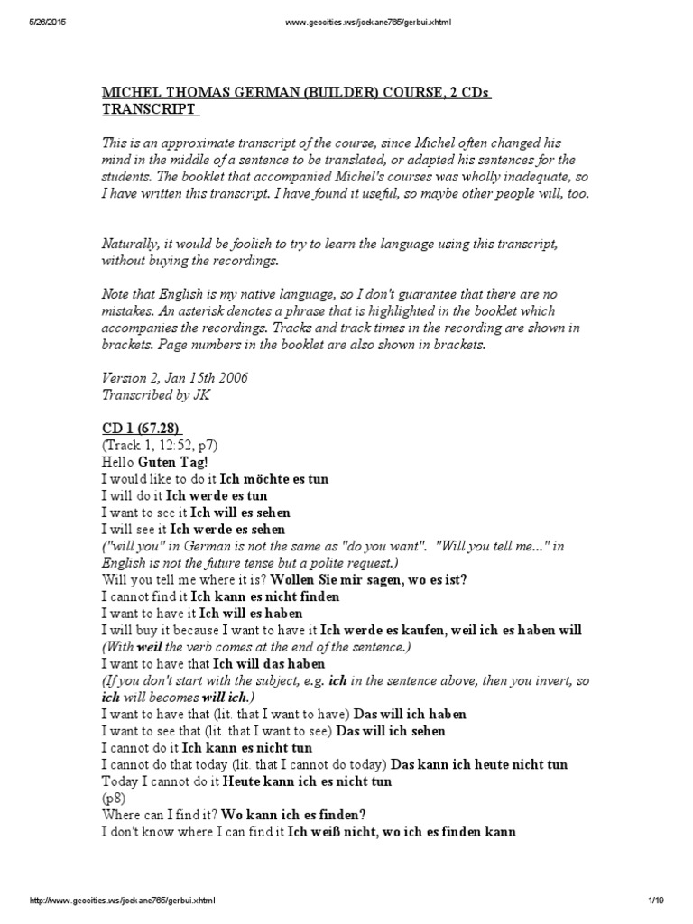 Michel Thomas German Builder Transcript | PDF | Linguistics | Language ...