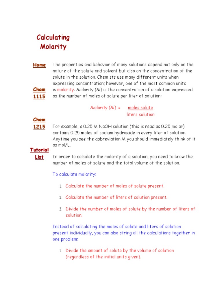 Calculating Molarity | Download Free PDF | Molar Concentration | Solution