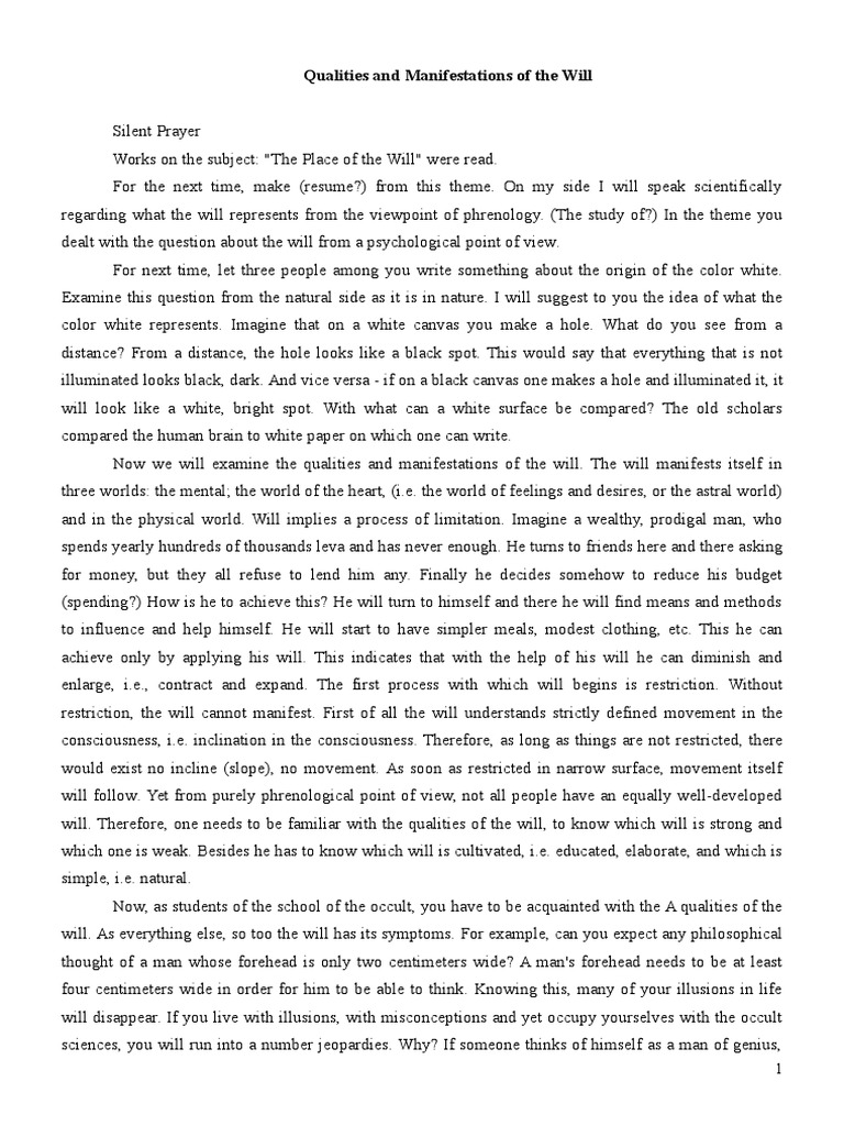 Qualities and Manifestations of The Will | PDF | Thumb | Consciousness