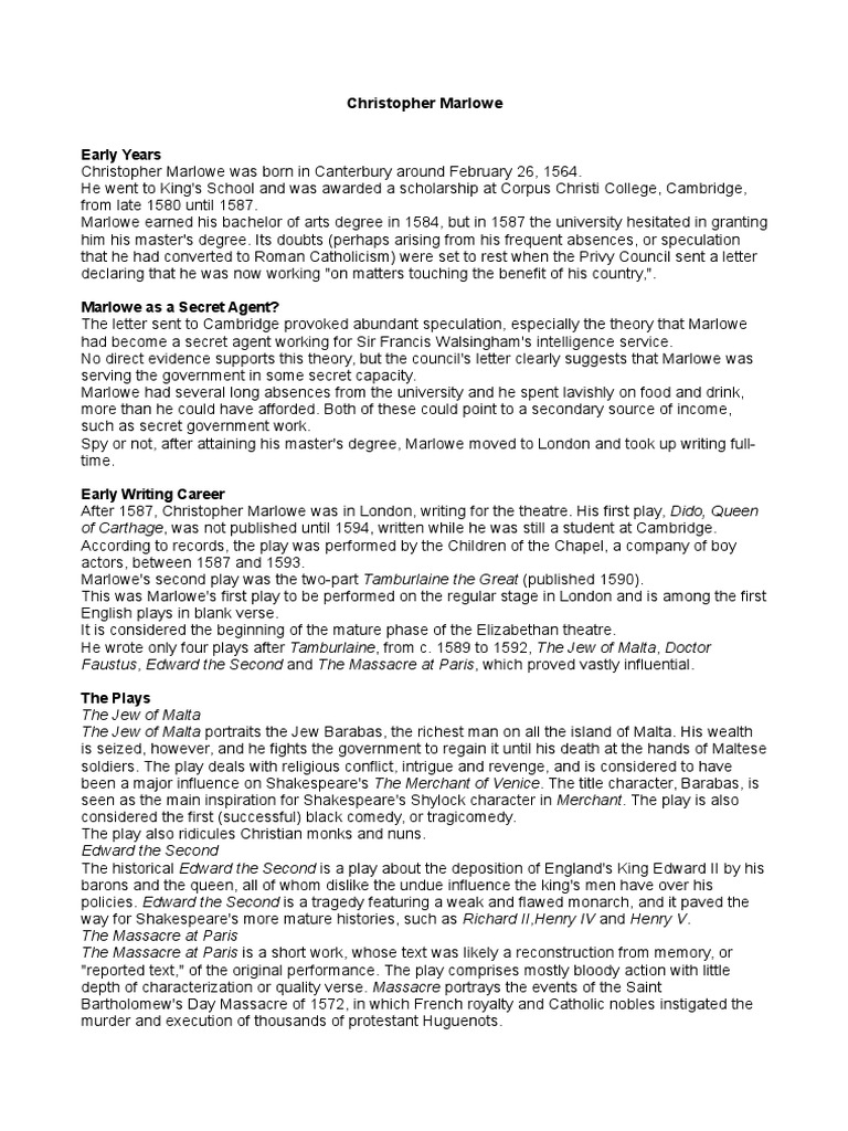 Christopher Marlowe: Life and Works | PDF | Christopher Marlowe | Theatre