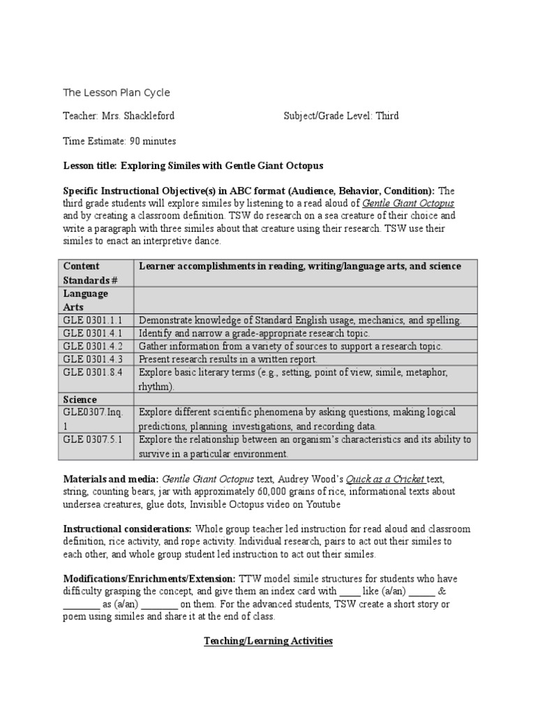 Similes Gentle Giant Octopus | PDF | Octopus | Lesson Plan