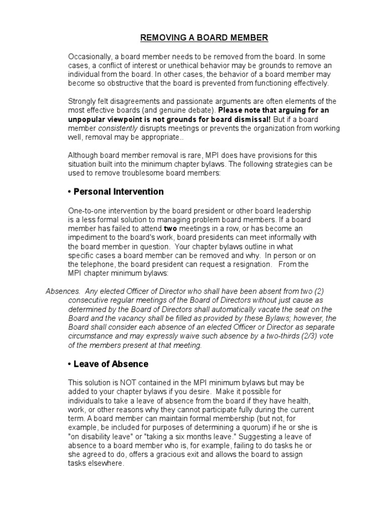 Board Member Removal Guide | PDF | By Law | Board Of Directors