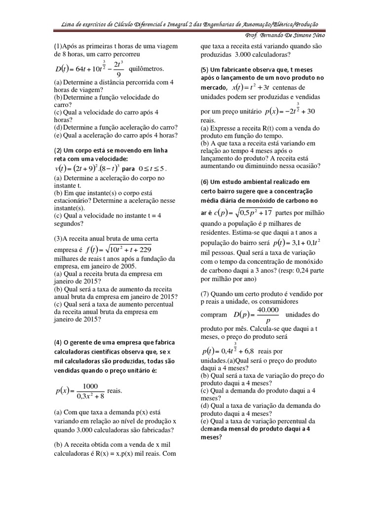 Lista de Exercícios de Cálculo 2 | PDF | Velocidade | Cálculo