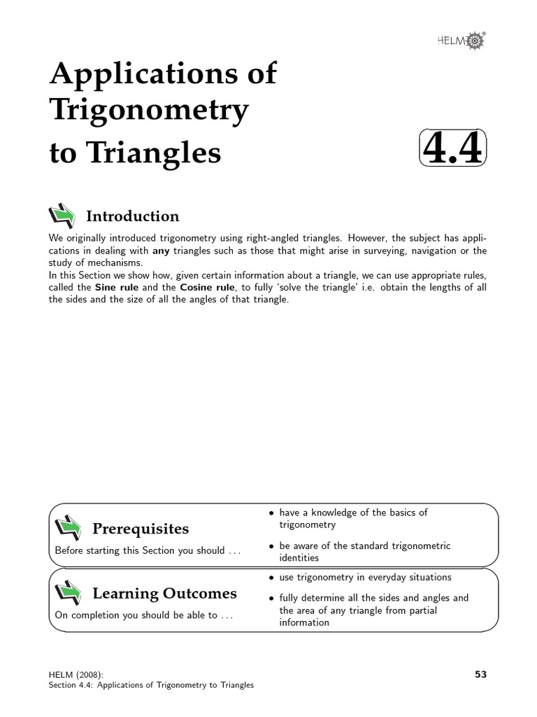 4 4 Applications Trigonometry To Triangles | PDF | Sine | Trigonometric ...