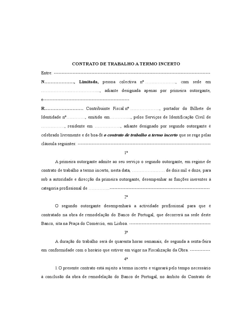 Contrato Trabalho A Termo Incerto Minuta | PDF
