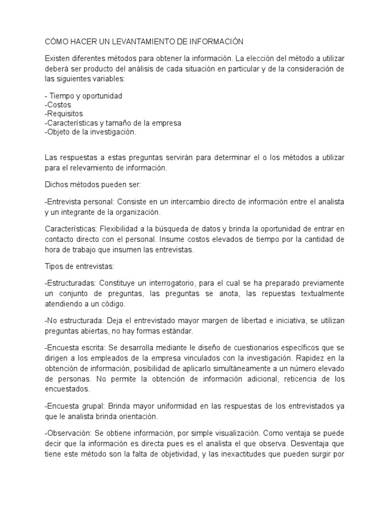 Còmo Hacer Un Levantamiento de Informaciòn | PDF | Análisis FODA | Información