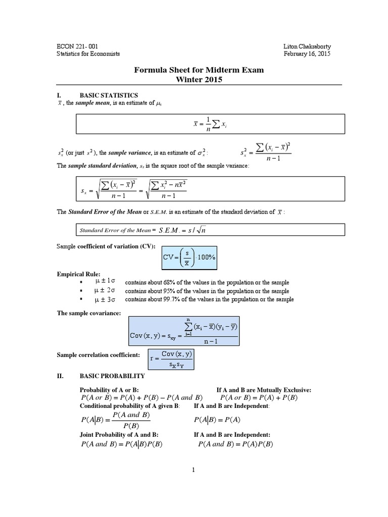 Formula Sheet Midterm ECON 221 | PDF | Coefficient Of Variation ...