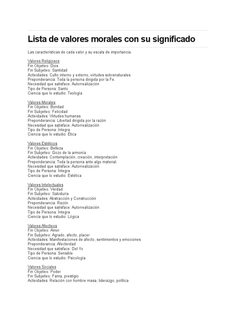 Lista de Valores | PDF | Felicidad | Subjetividad