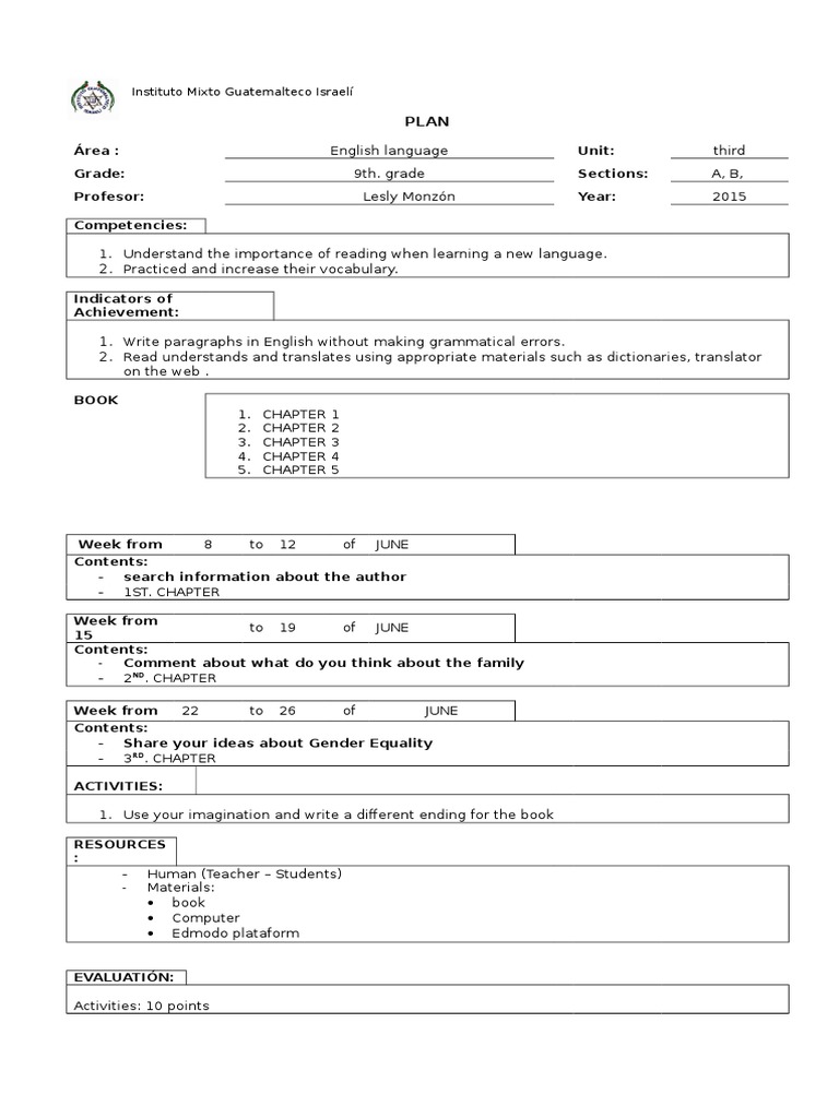English Language Plan for 9th Grade | PDF