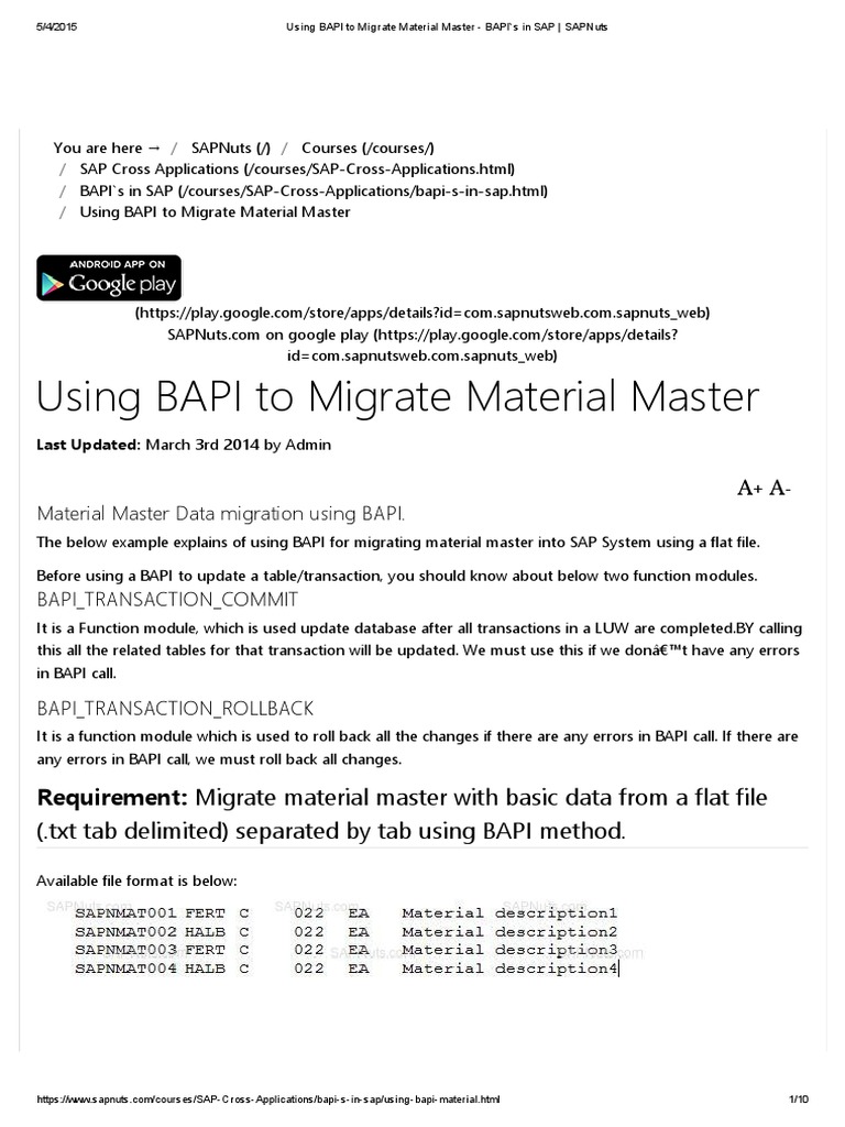 Using BAPI To Migrate Material Master - BAPI's in SAP - SAPNuts | PDF ...
