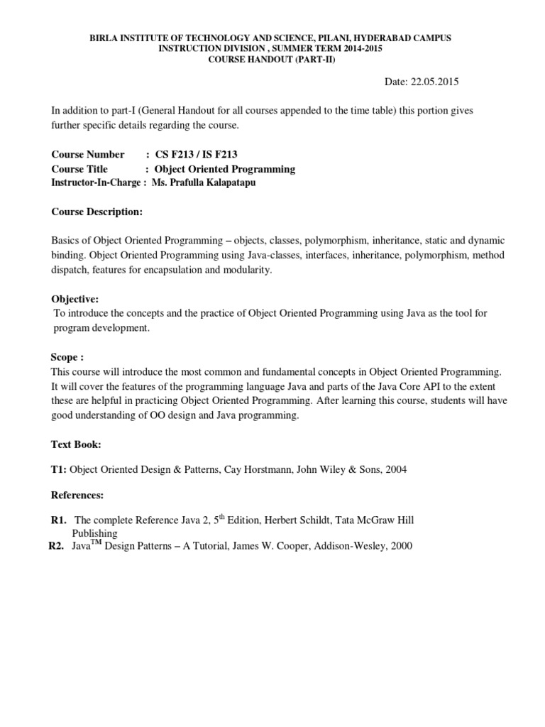 Cs F213 Is F213 Handout Pdf Java Programming Language Class Computer Programming 