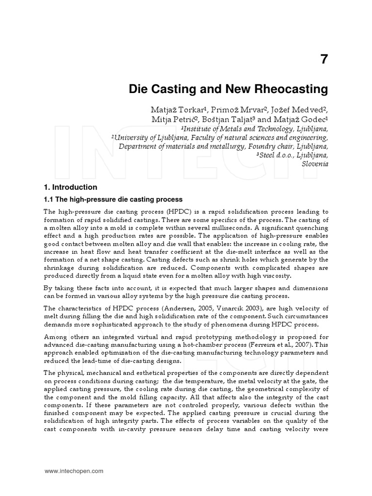 Die Casting and New Rheocasting | PDF | Casting (Metalworking ...