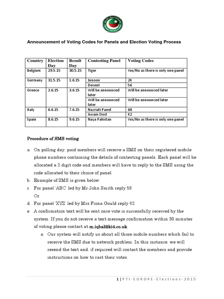 Codes For PTI Europe Elections | PDF | Law
