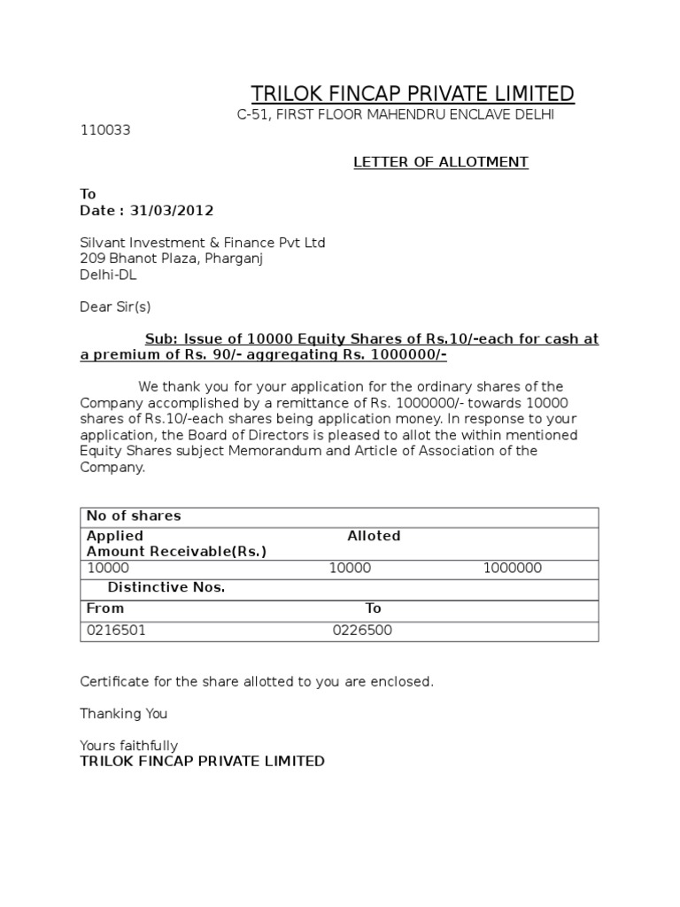 Letter of Allotment | PDF