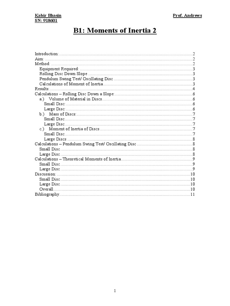 MOMENTS OF INERTIA EXPERIMENT | PDF | Pendulum | Inertia