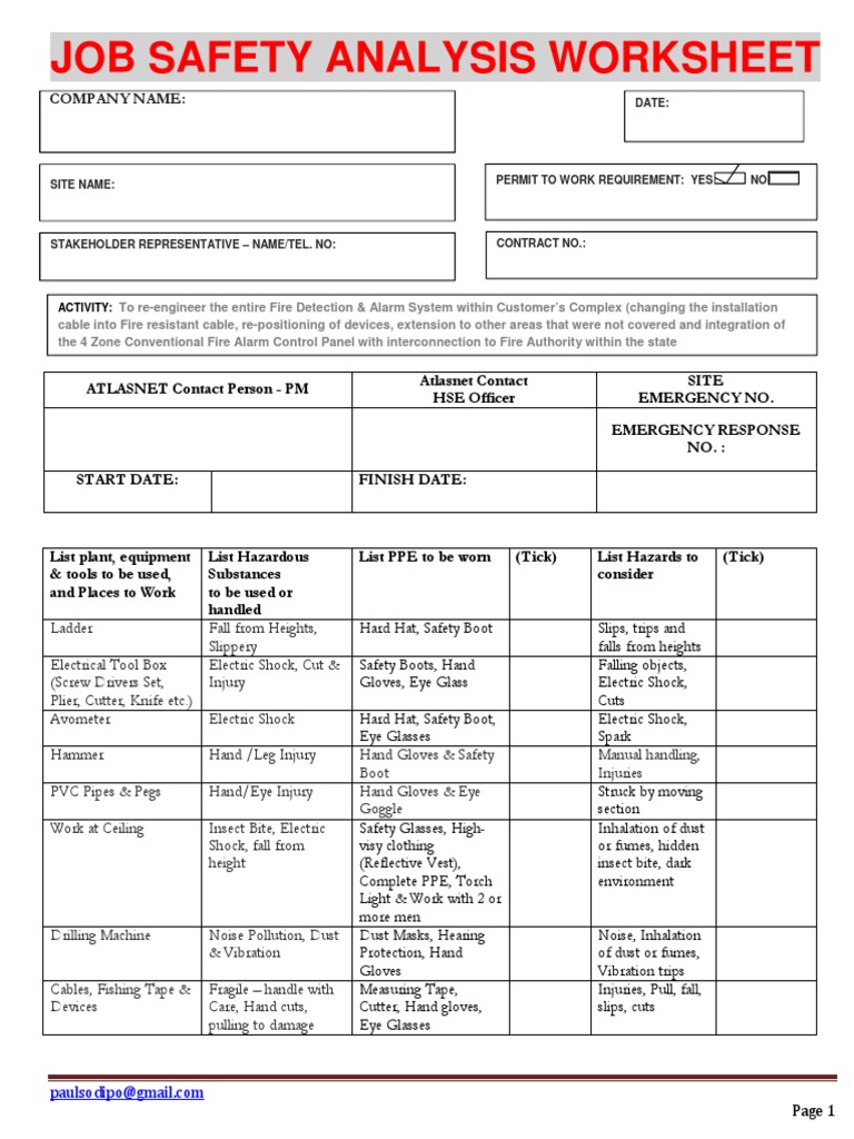Job Safety Analysis Worksheet | PDF | Personal Protective Equipment ...