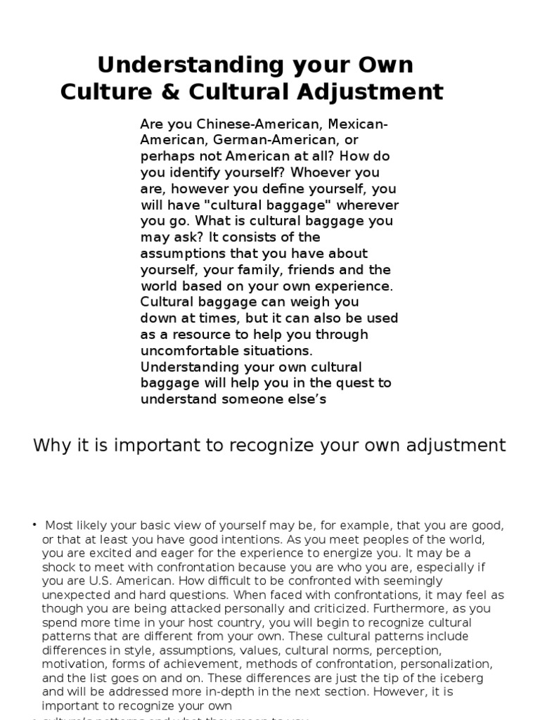Understanding Your Own: Culture & Cultural Adjustment | PDF ...