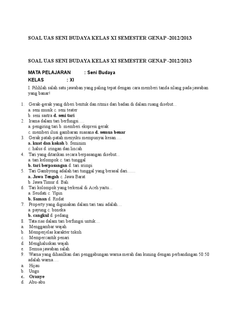 Soal Uas Seni Budaya Kelas Xi Semester Genap | PDF
