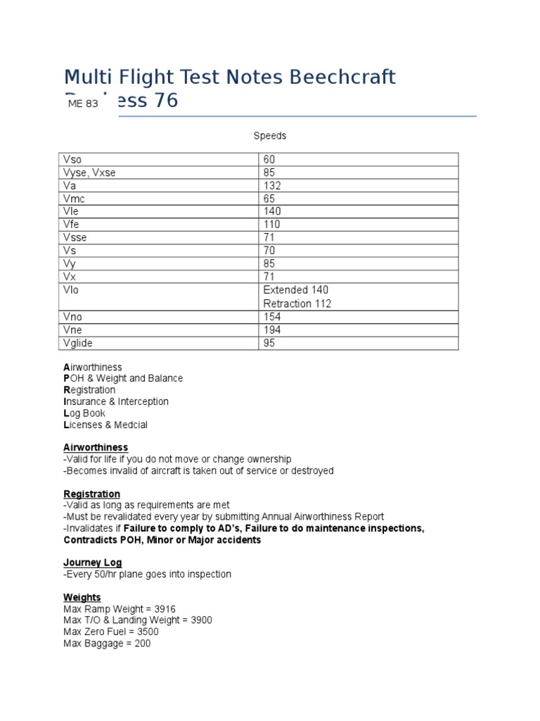 Multi Flight Test Notes Beechcraft Duchess 76 | PDF | Takeoff | Vehicle ...