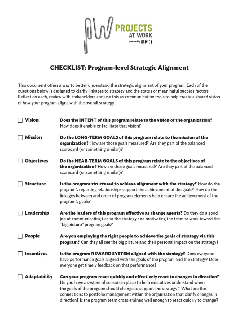Strategic Alignment Checklist for Programs | PDF