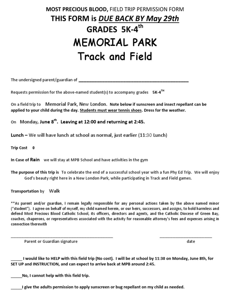 Field Trip Permission Form: Memorial Park | PDF