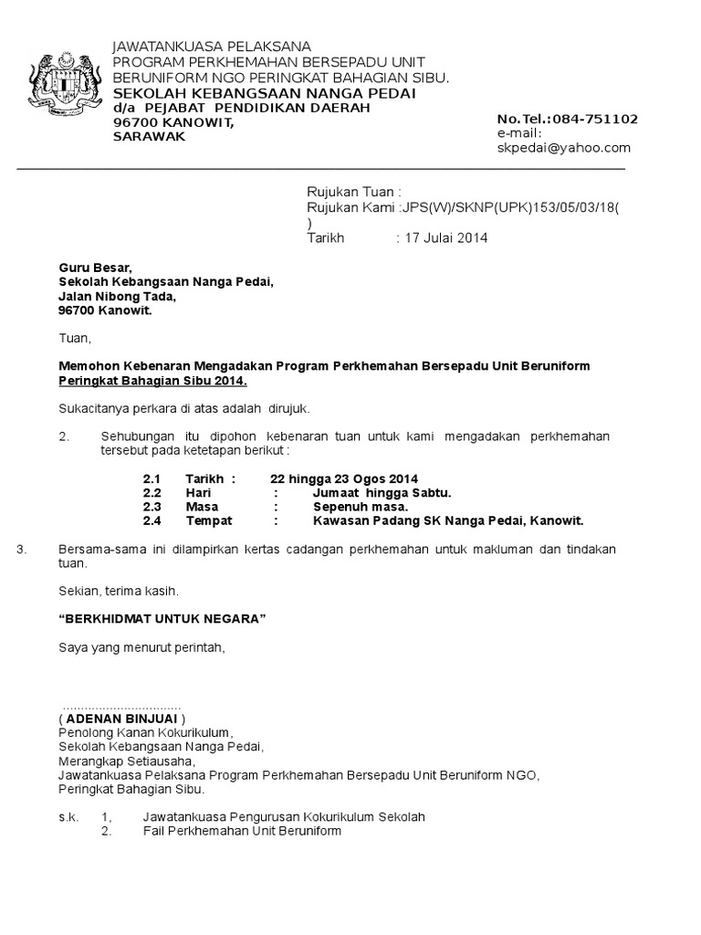 Surat Pelaksanaan Program Perkhemahan NGO Unit Beruniform 2014 | PDF