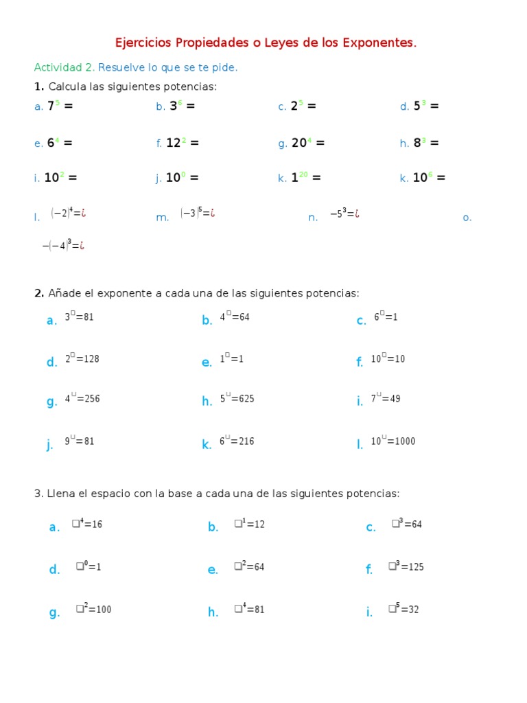 Ejercicios Propiedades O Leyes De Los Exponentes Pdf 3383