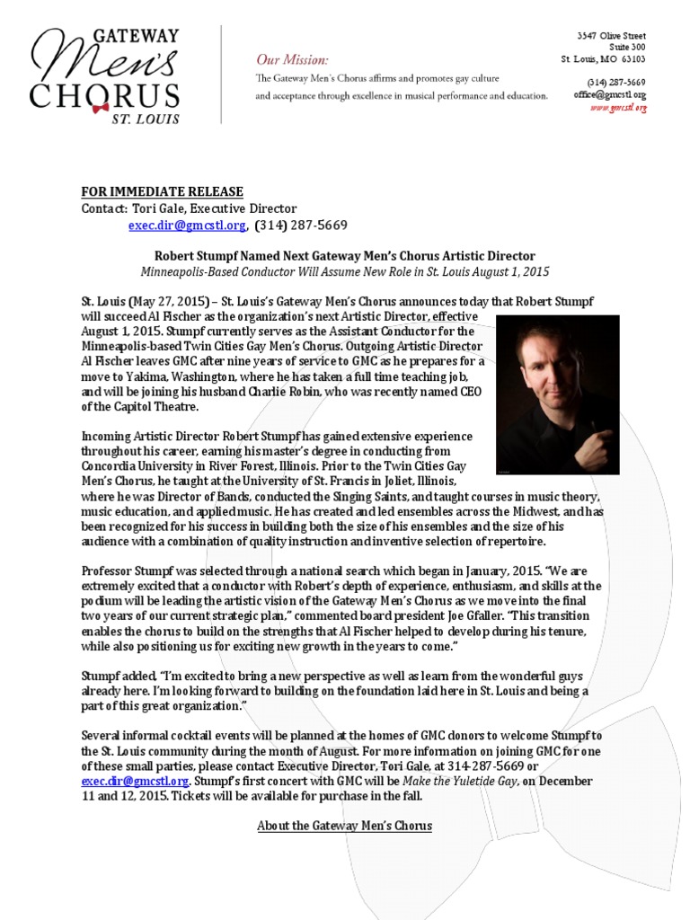 Robert Stumpf Joins Gateway Men’s Chorus | PDF | Choir | Conducting