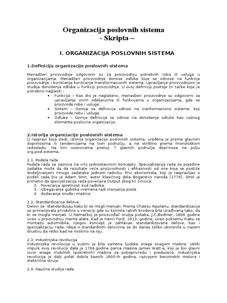 Organizacija Poslovnih Sistema - Skripta | PDF
