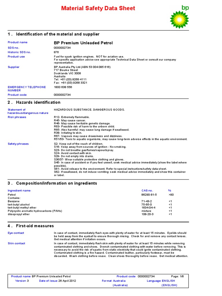 MSDS Petrol | PDF | Carbon Dioxide | Dangerous Goods
