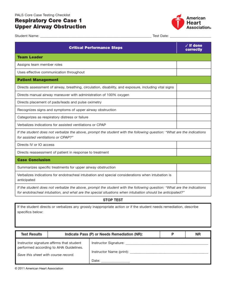 AHA PALS Core Case Test Checklists | Shock (Circulatory ...