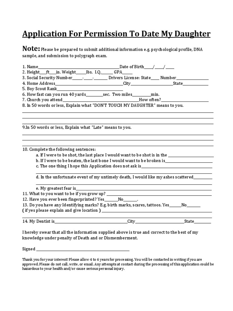 Application For Permission To Date My Daughter | PDF