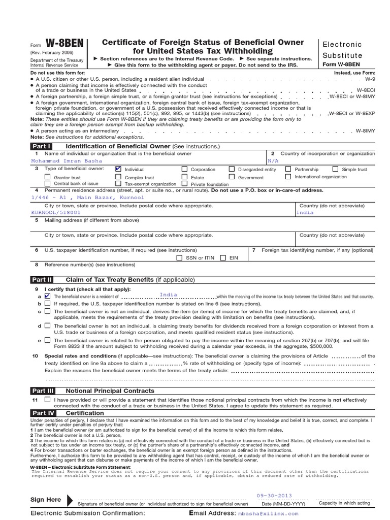 Form W-8BEN: Certificate of Foreign Status of Beneficial Owner for ...