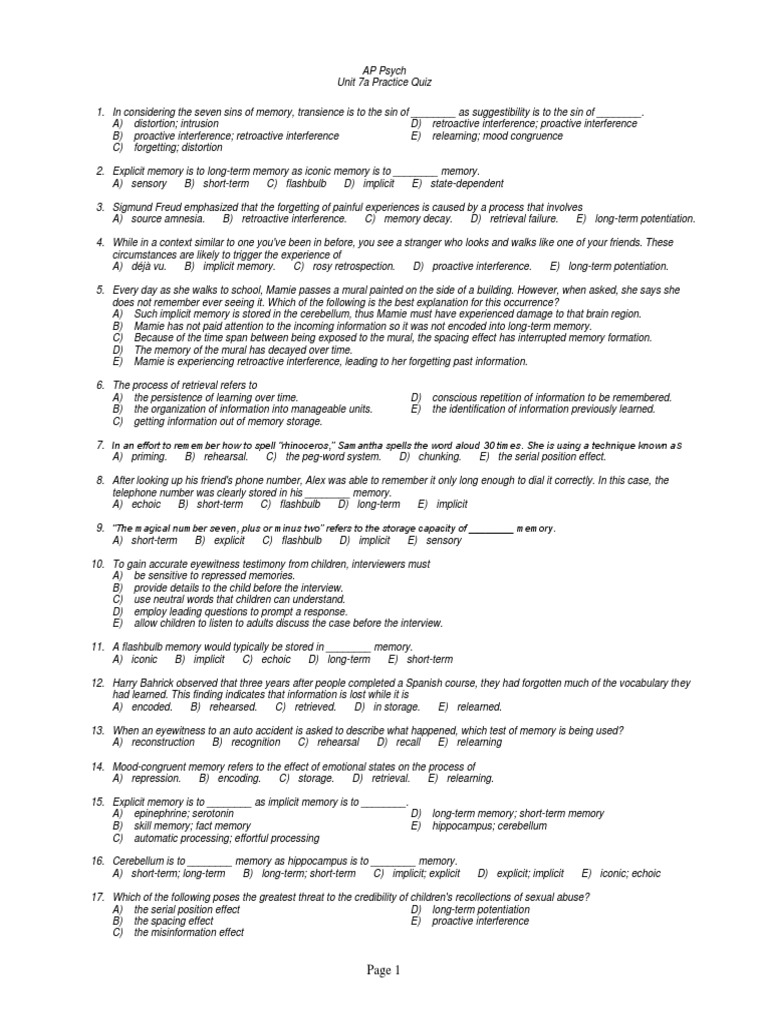 Psych Unit 7a Practice Quiz | PDF | Recall (Memory) | Memory