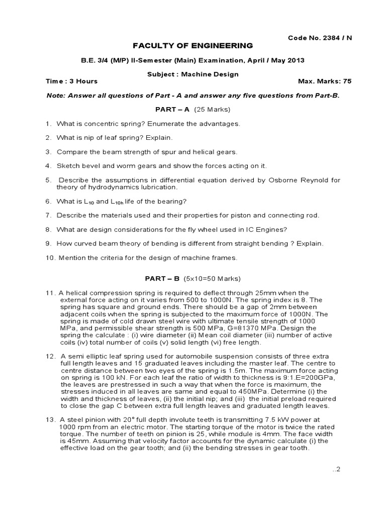 Machine Design Exam Questions | PDF | Gear | Bending