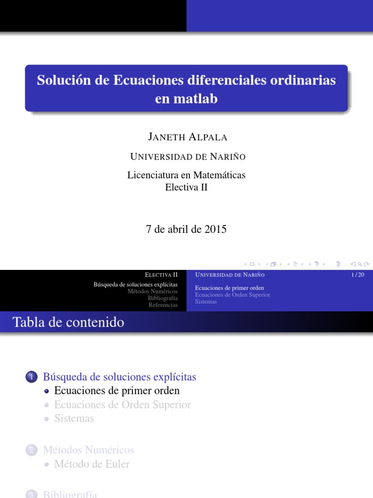 Solución de EDO en Matlab | PDF | Ecuaciones diferenciales | Ecuaciones