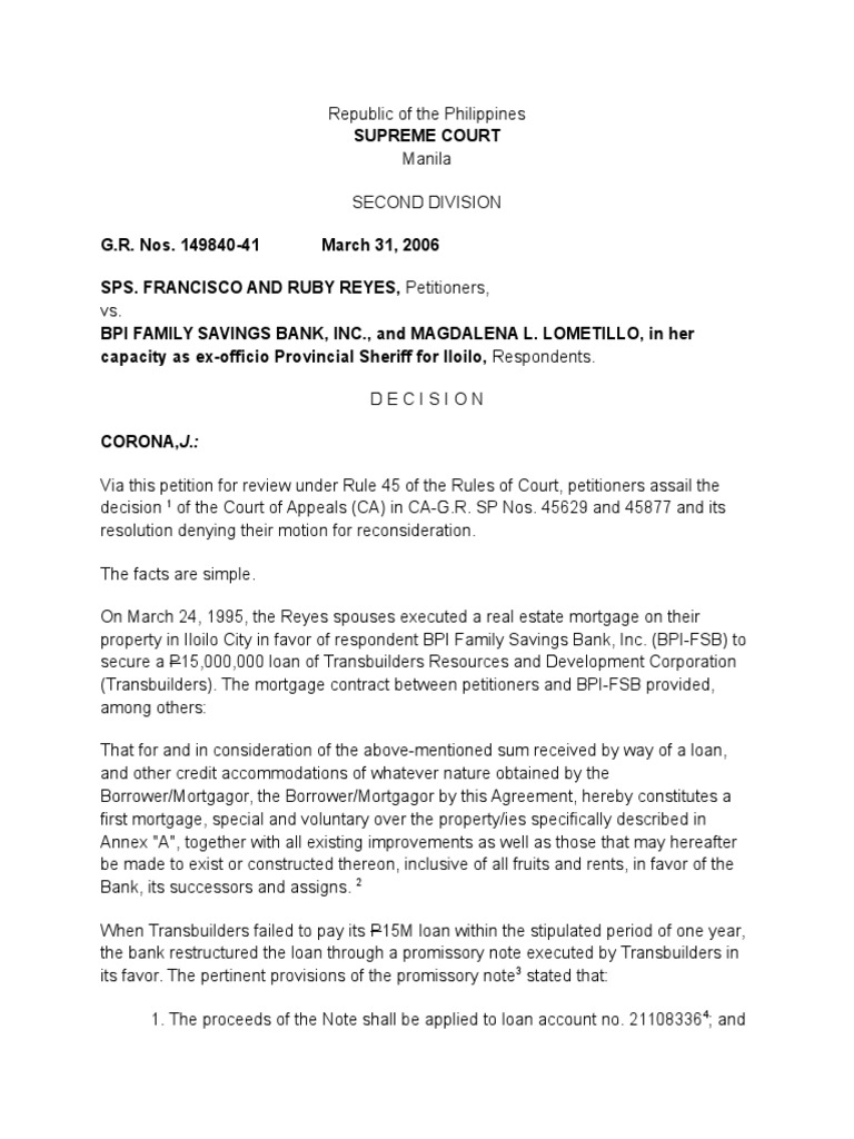 21.SPS - Reyes v. BPI | Download Free PDF | Loans | Mortgage Loan