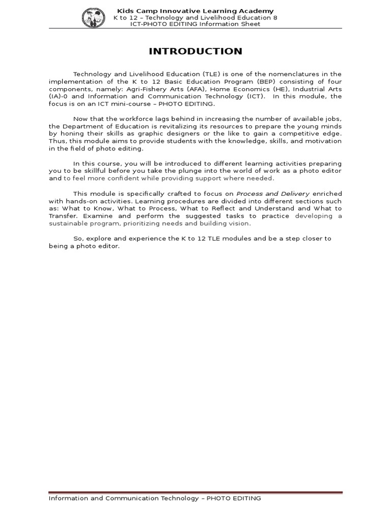 TLE 8 Worktext ICT-Photo Editing FINAL | PDF | Image Editing | Adobe ...