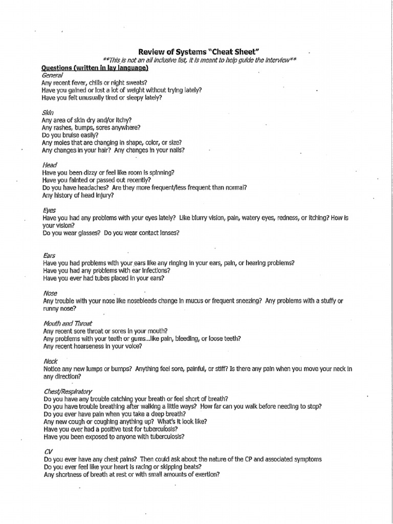 Review of Systems Cheat Sheet | PDF