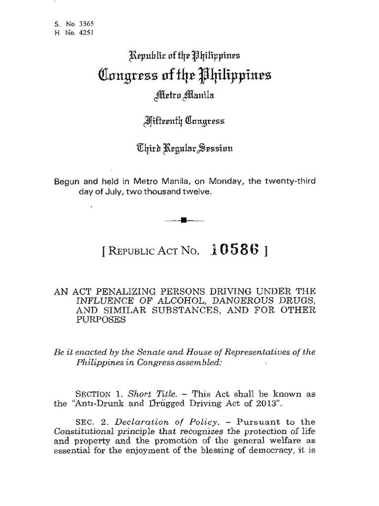 RA 10586 - Anti-Drunk and Drugged Driving Act of 2013 | PDF | Drunk ...