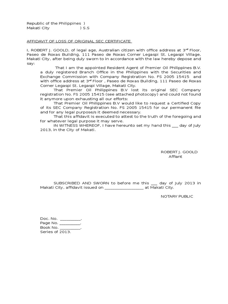 Affidavit of Loss of Original SEC Certificate of Registration | PDF | Law
