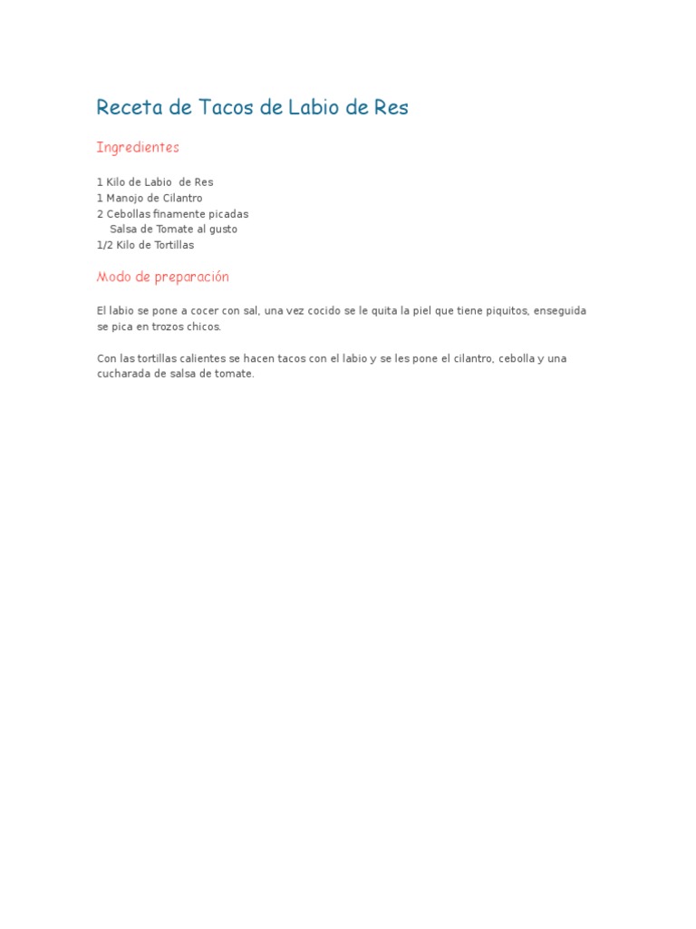 Receta de Tacos de Labio de Res | PDF