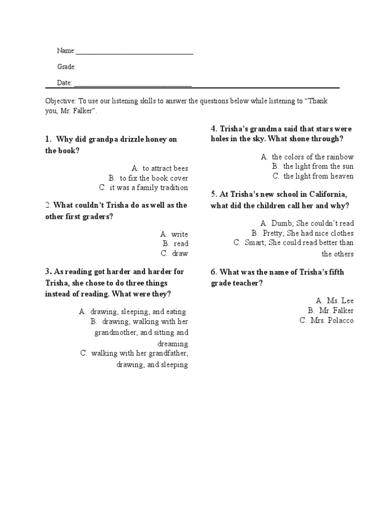 Thank You, Mr. Falker Listening Comprehension | PDF